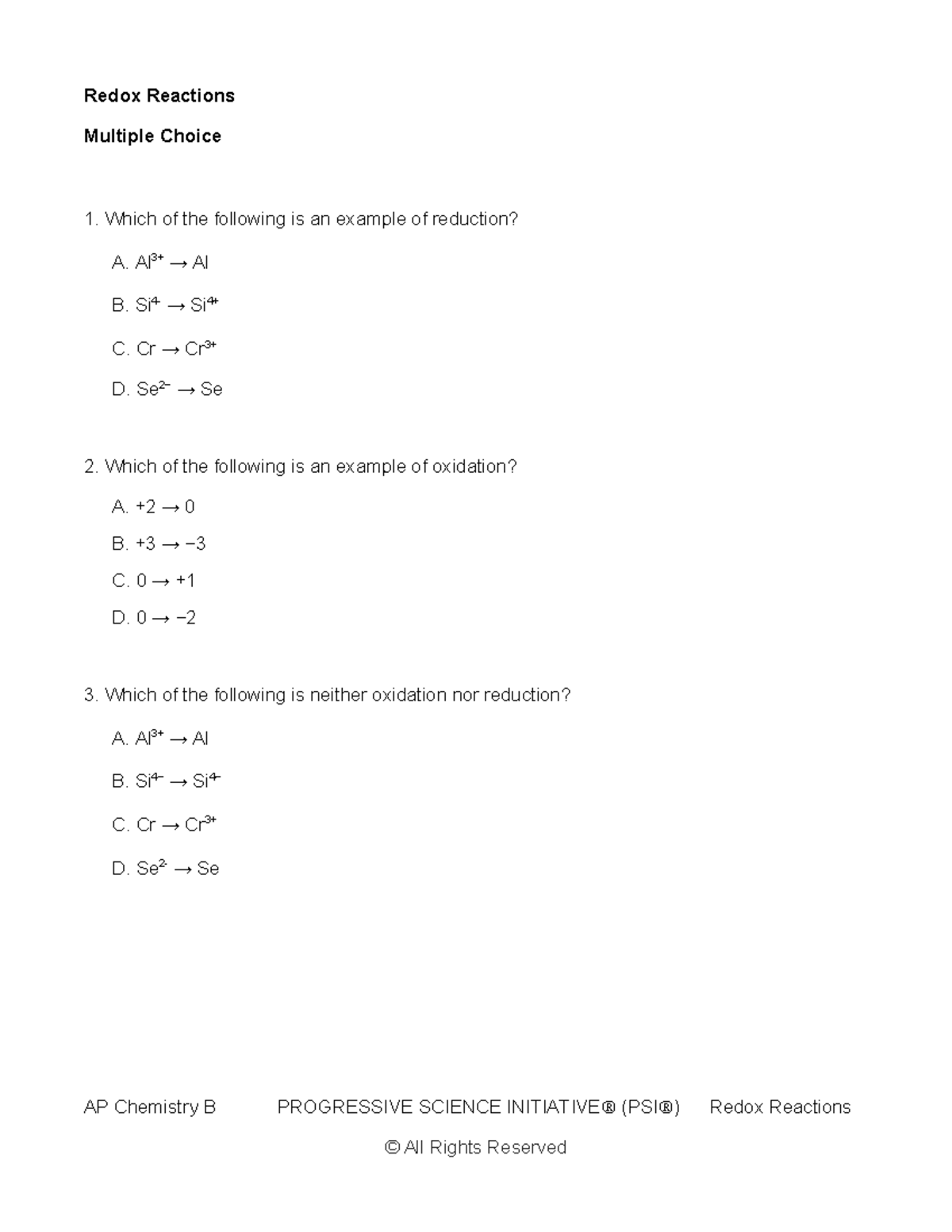 AP Chemistry B Redox Reactions Multiple Choice Questions and Answers ...