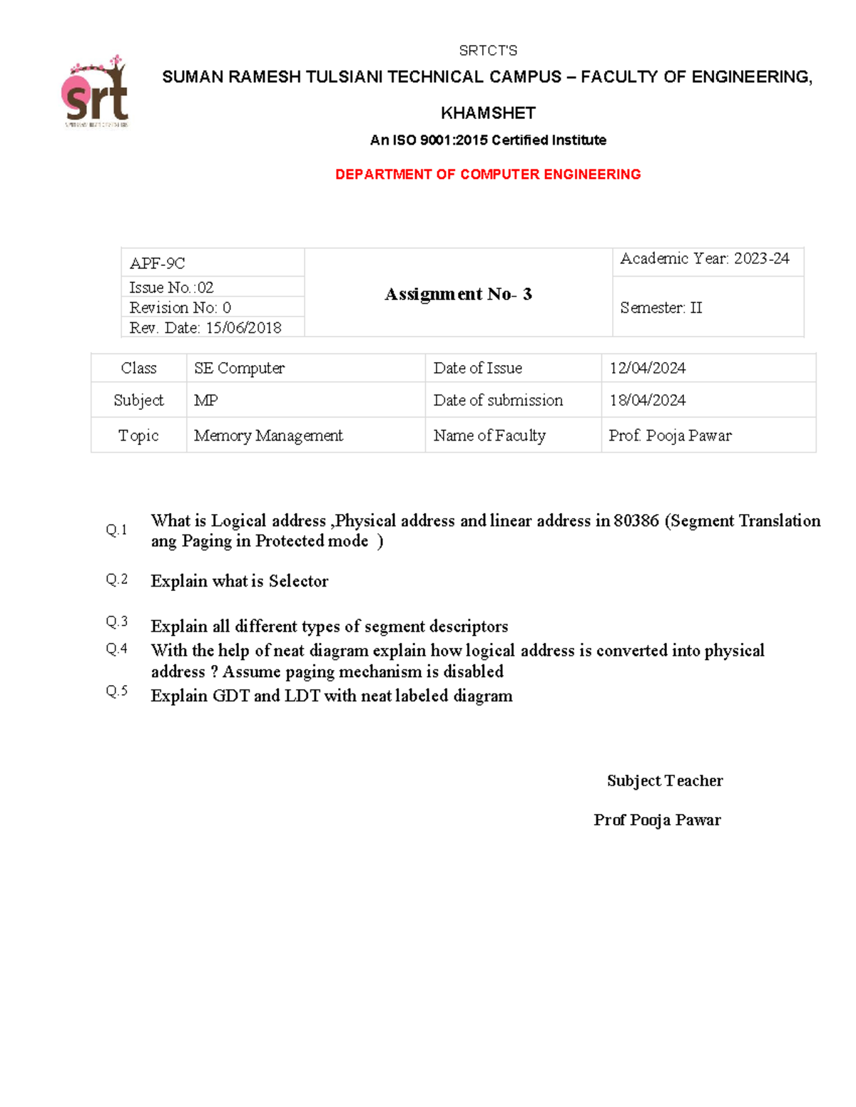 Assignment 3: Memory Management in MP - SE Computer II - Studocu