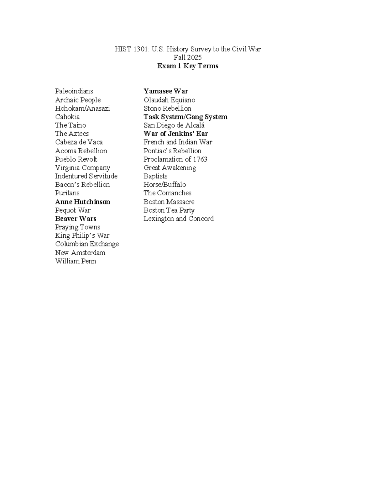 1301Exam1Rev F25 - Exam 1 Key terms - HIST 1301: U. History Survey to ...