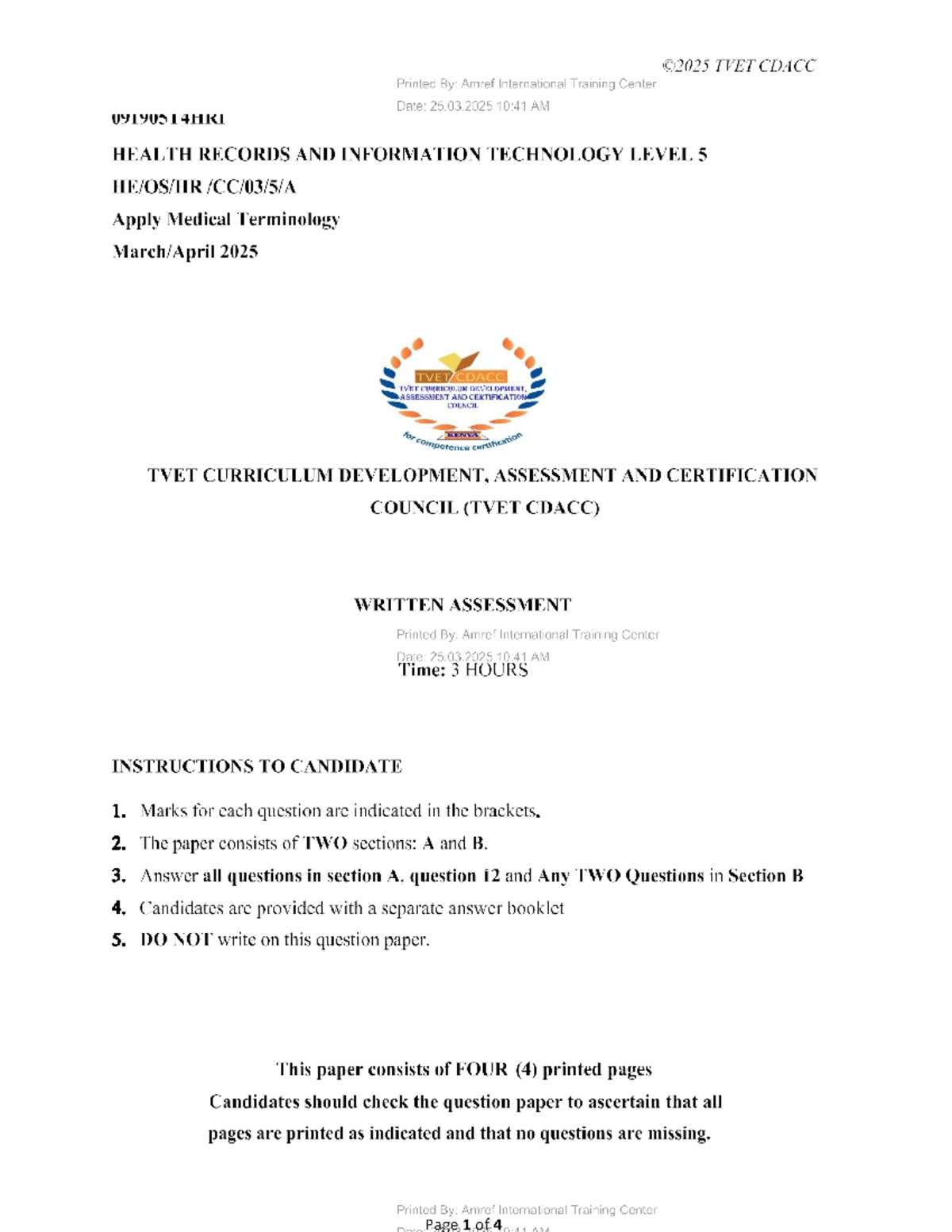 TVET CDACC 14HRI Level 5 Medical Terminology Assessment 2025 - Studocu