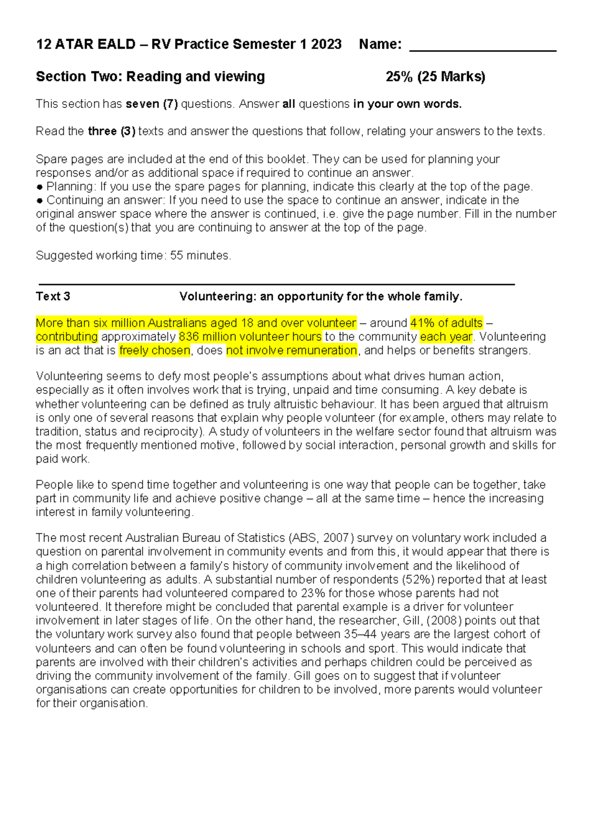 12 ATAR EALD RV Practice Sem 1 2023: Volunteering Insights and Analysis ...