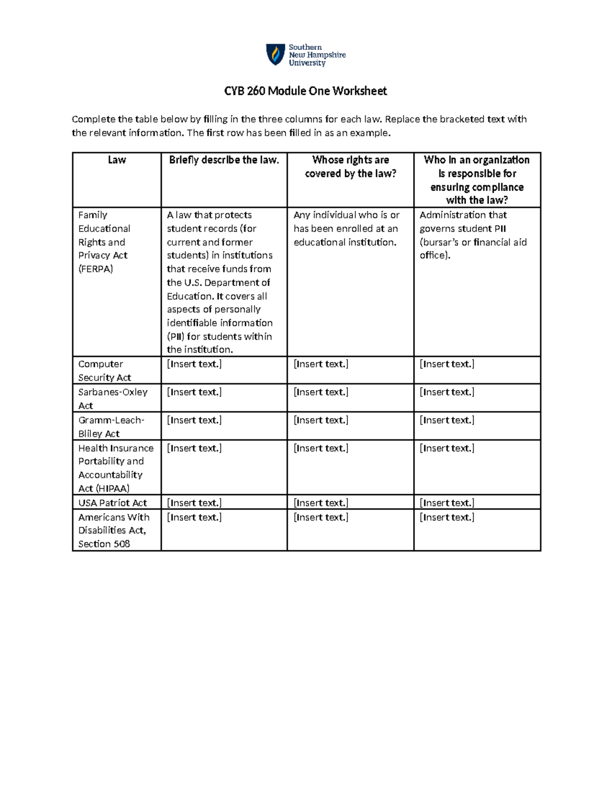 CYB 260 Module One Law Compliance Worksheet - Studocu