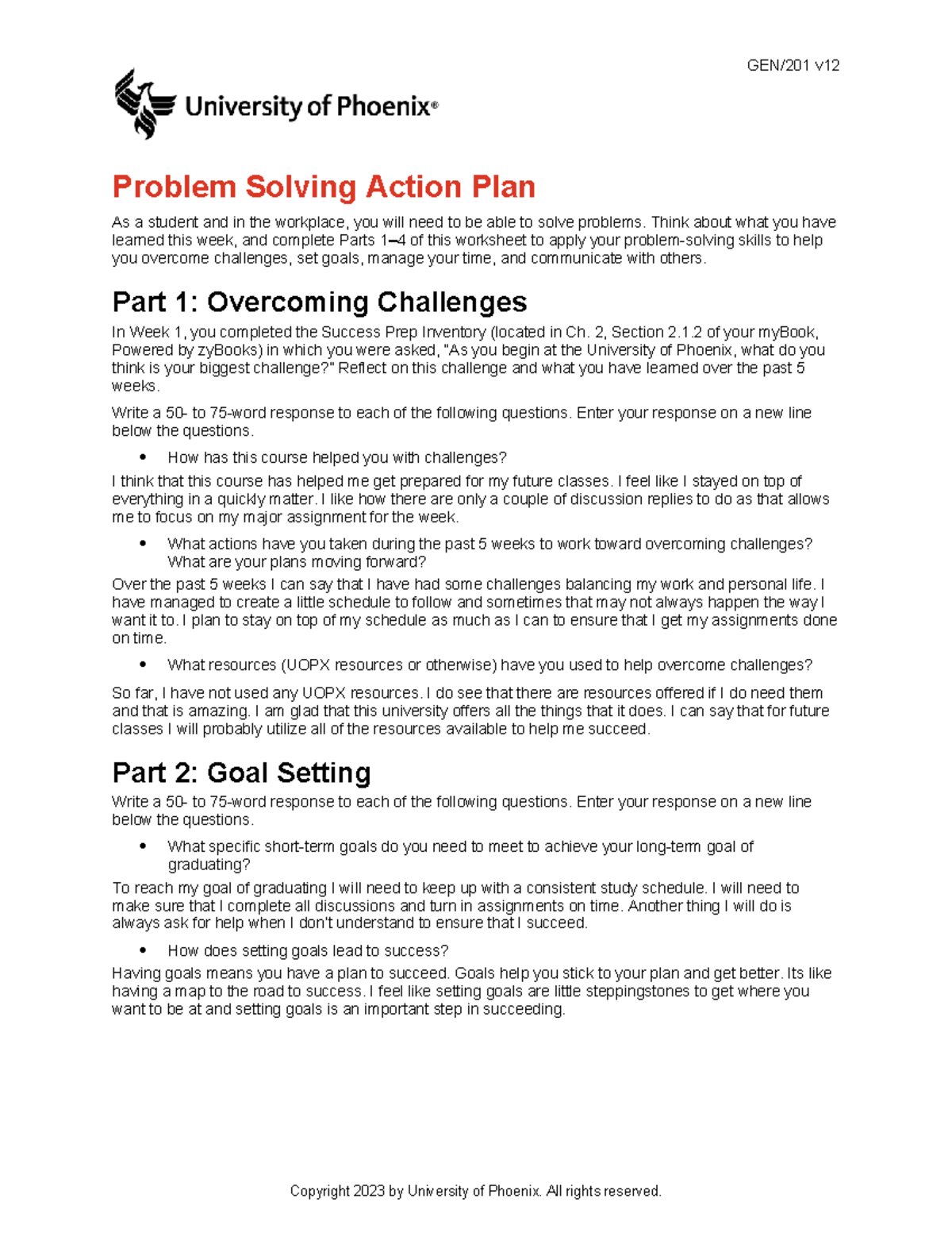 GEN/201 v Problem Solving Action Plan: Skills & Strategies for Success ...