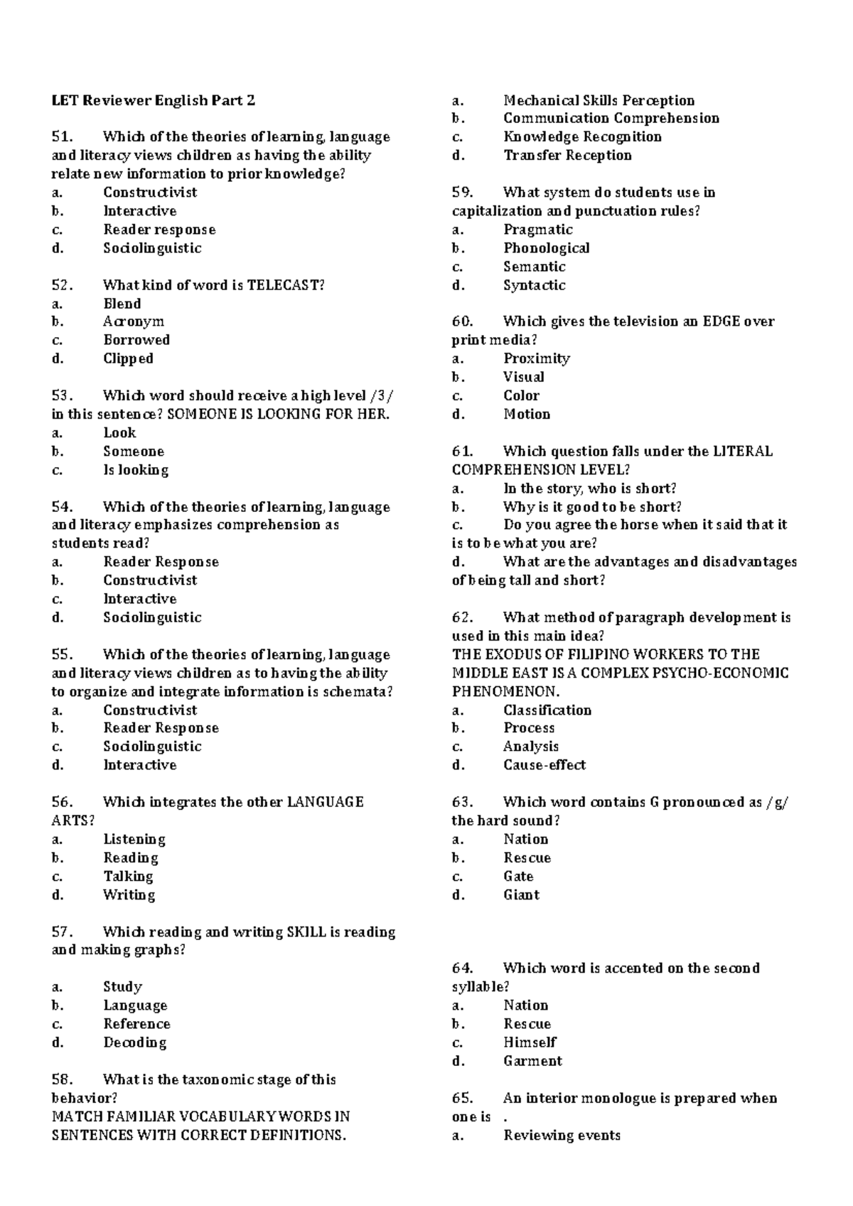 LET Reviewer: Major English Exam Part 2 - Studocu