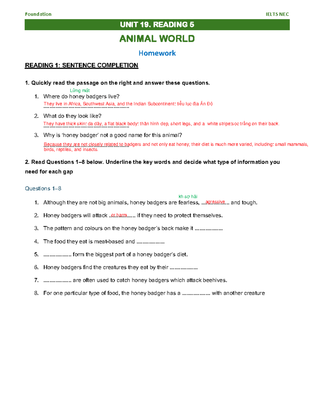 Foundation IELTS NEC UNIT 19: READING 5 ANIMAL WORLD Homework Analysis ...