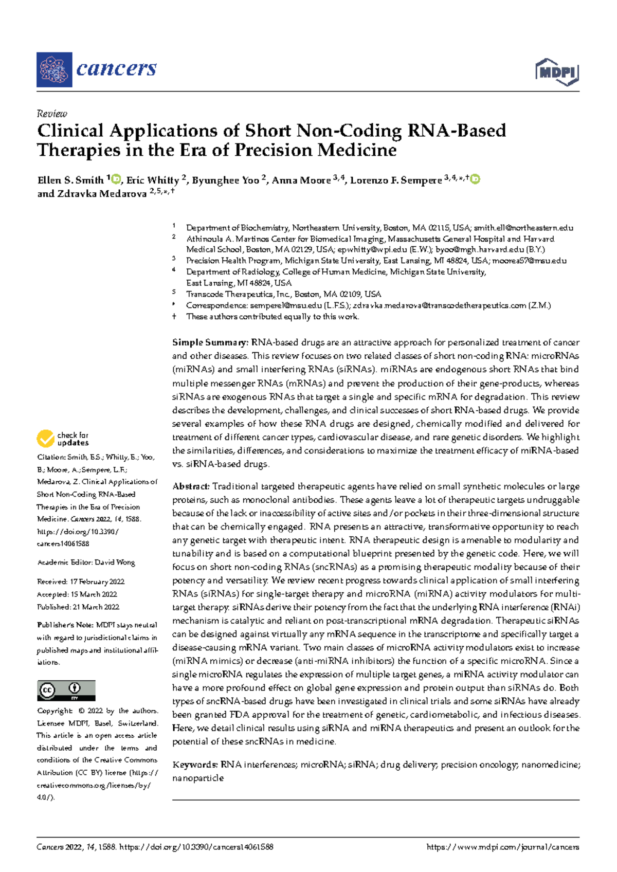 Cancers 2022, 14, 1588: Clinical Applications of Short RNA Therapies ...