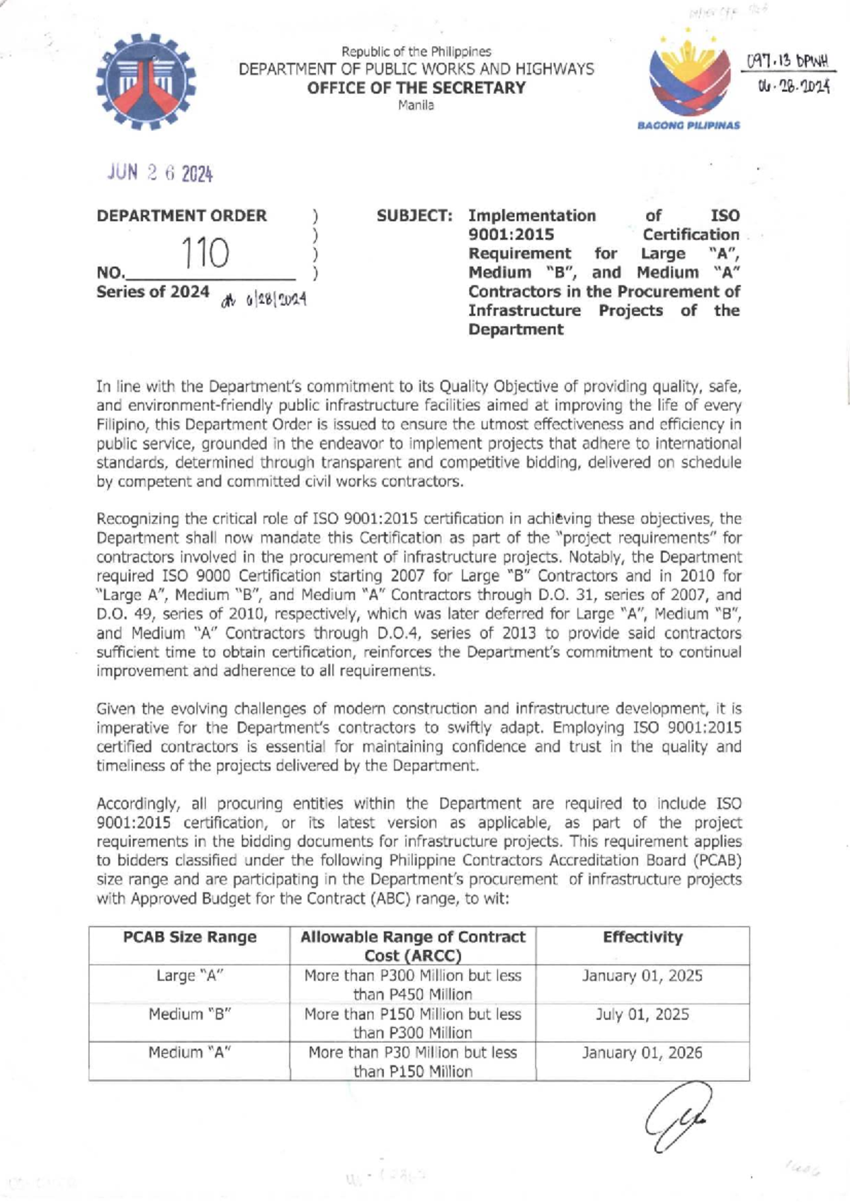 Department Order No. 110, s. 2024: ISO 9001:2015 for Medium Contractors ...