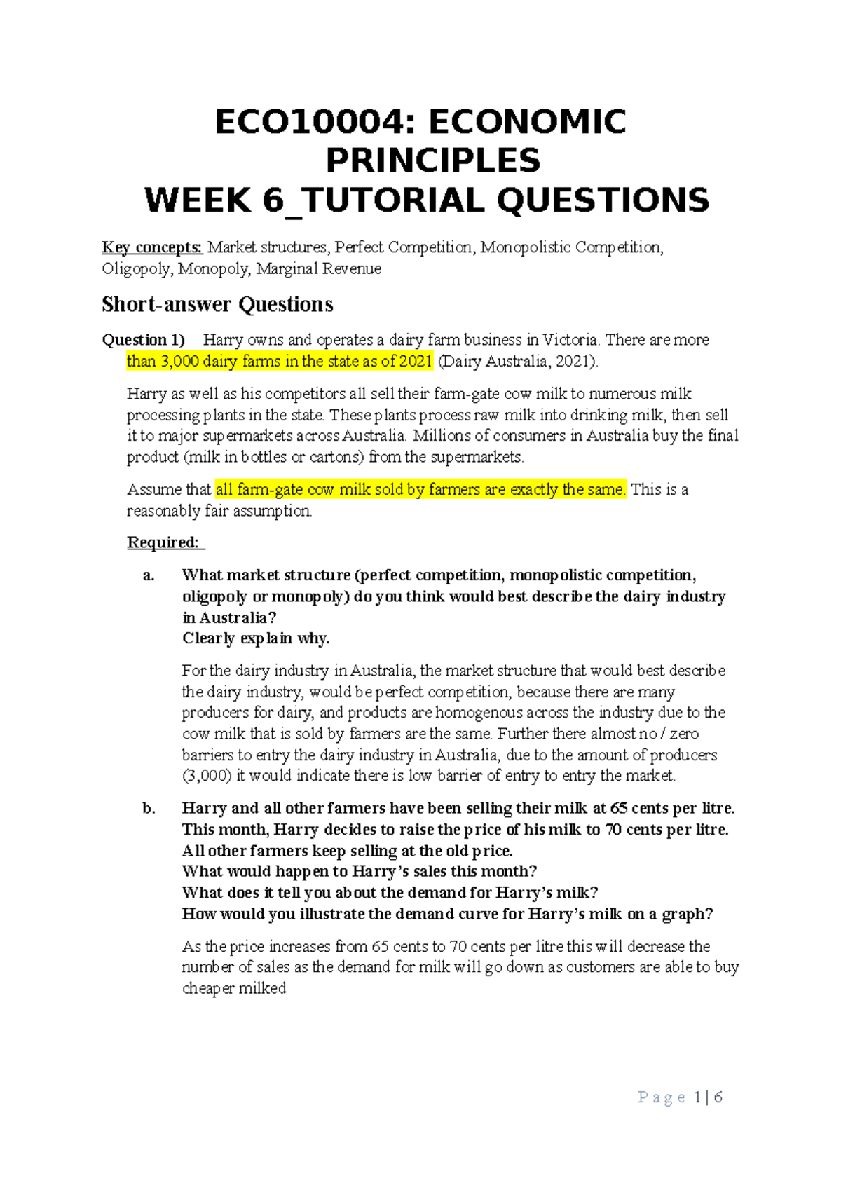 Week 6 Tutorial Questions - ECO10004: ECONOMIC PRINCIPLES WEEK 6 ...