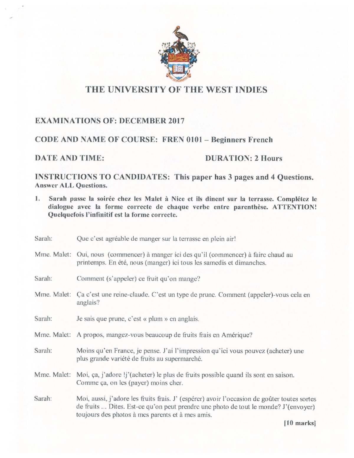 FREN 0101 December 2017 Exam Practice Material for Beginners French ...