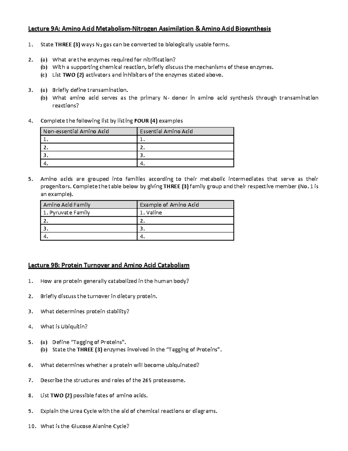 Lecture 9 Worksheet Biochem - Lecture 9A: Amino Acid Metabolism ...