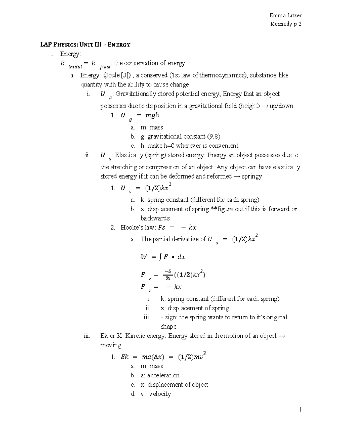 Unit III - Energy Worksheet: Conservation of Energy Concepts in LAP ...