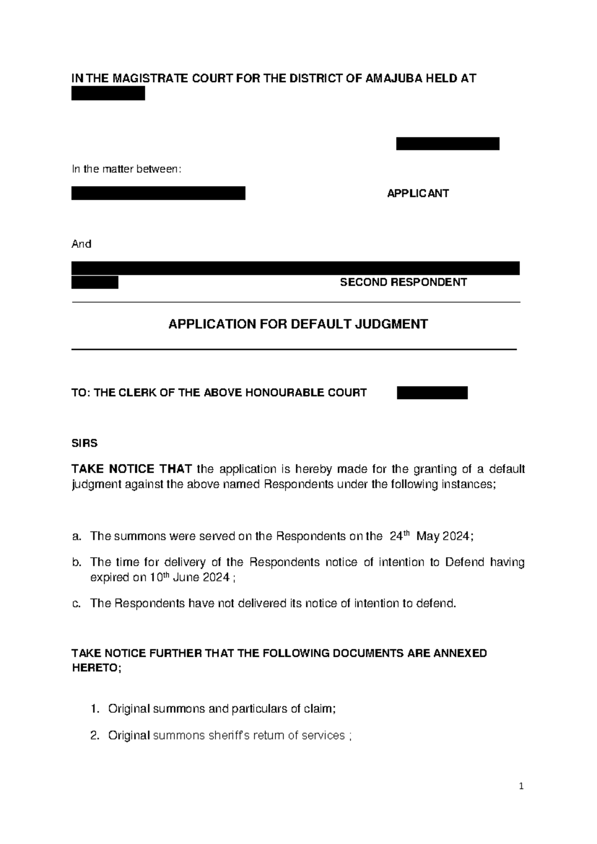 Application for Default Judgment in Case No: 823/ - Qwabe v Dlamini - Studocu