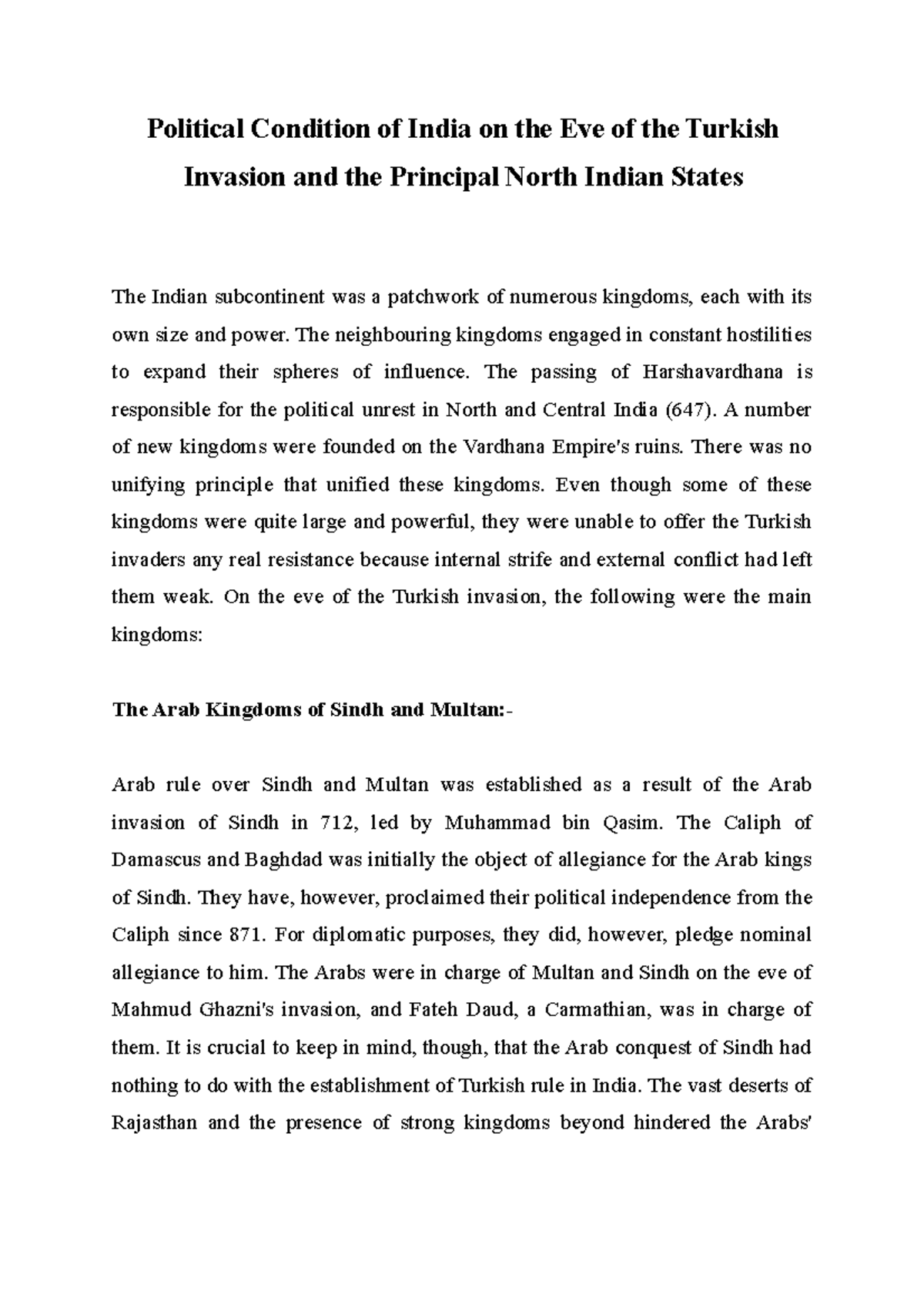 The Political Landscape of India Before the Turkish Invasion - Studocu