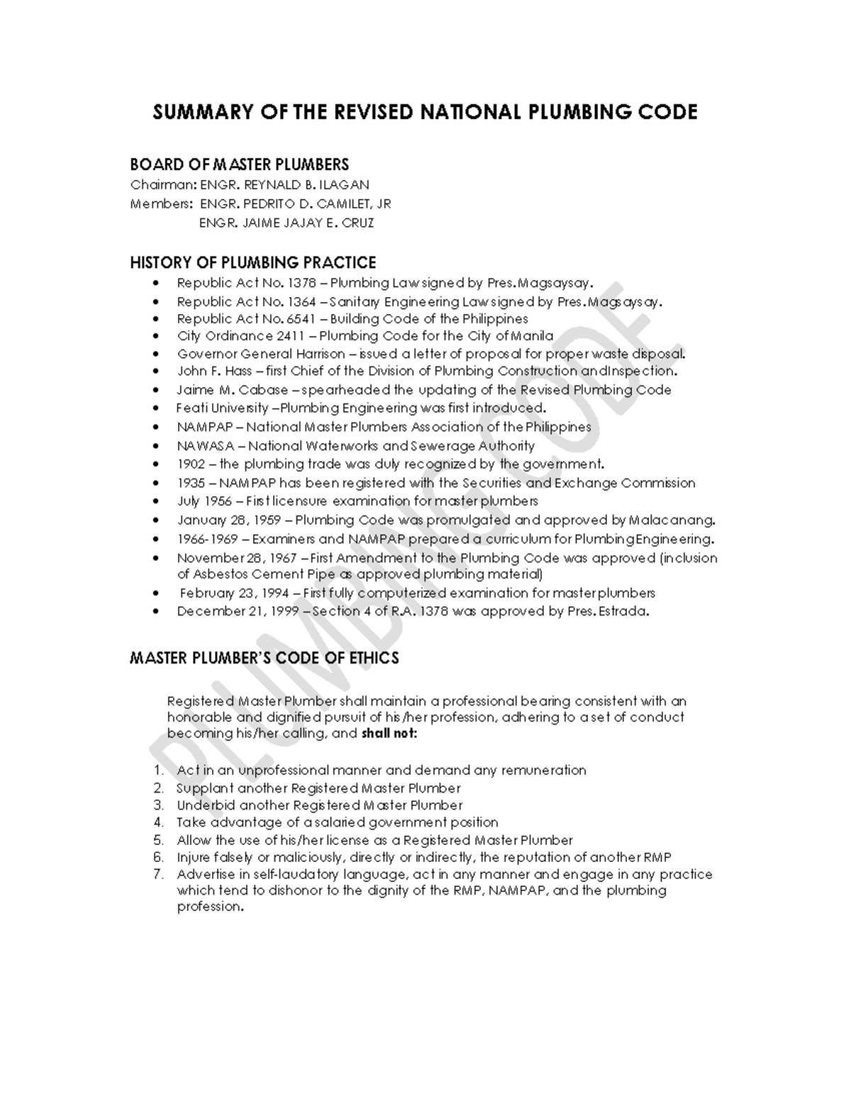 Module 1: Summary of the Revised National Plumbing Code - Studocu