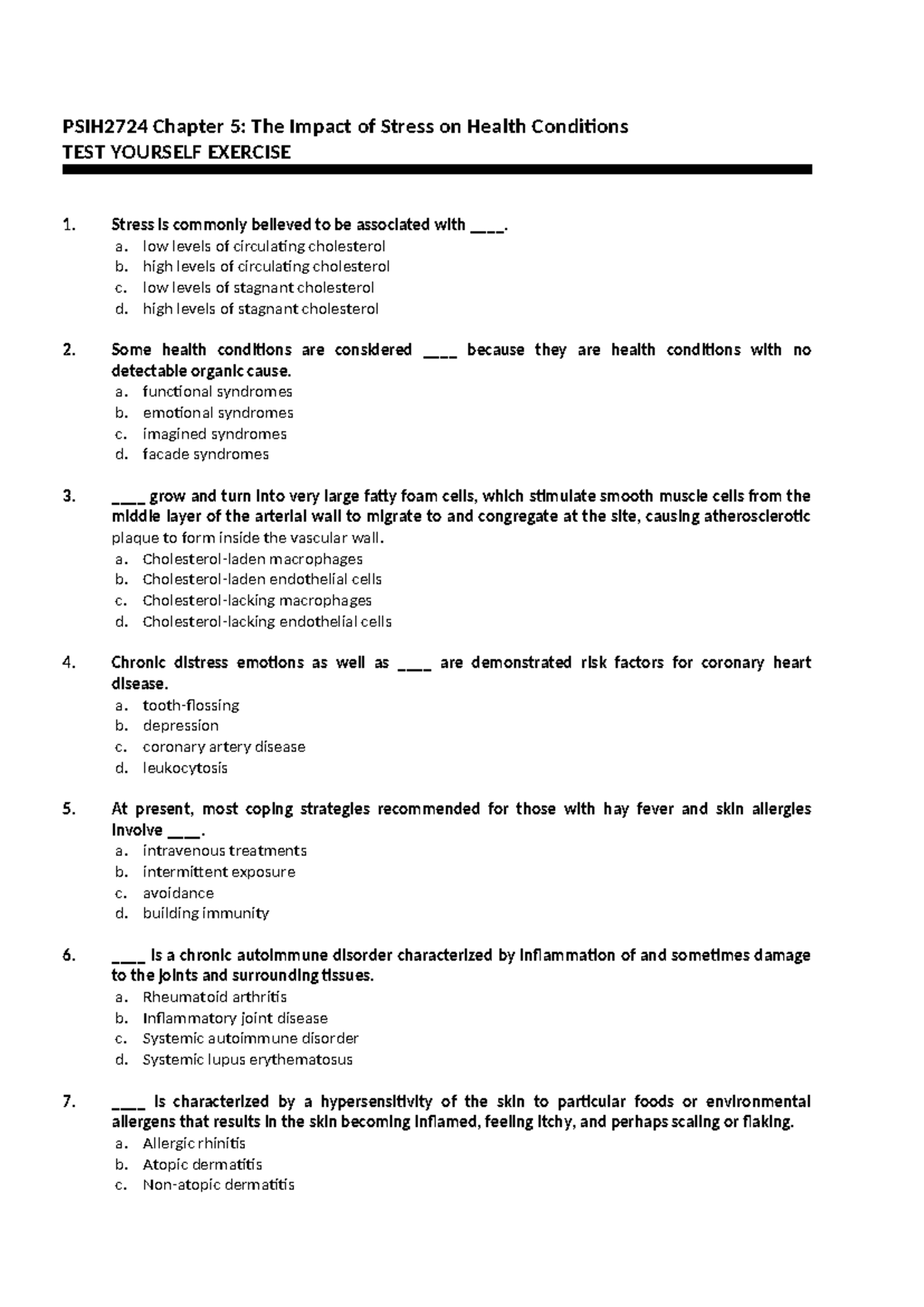 PSIH2724 Chapter 5: Stress and Health Conditions Test Yourself Exercise ...
