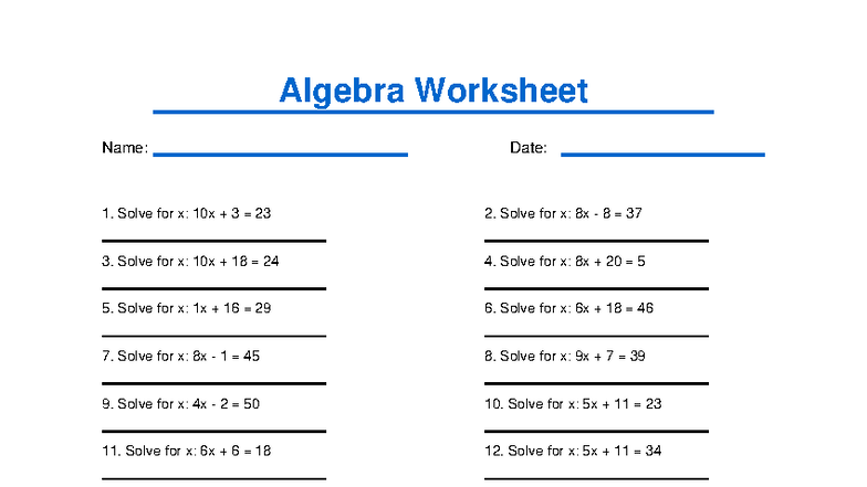 Algebra Worksheet 1 - MATH MISC: Solve for x Problems - Studocu