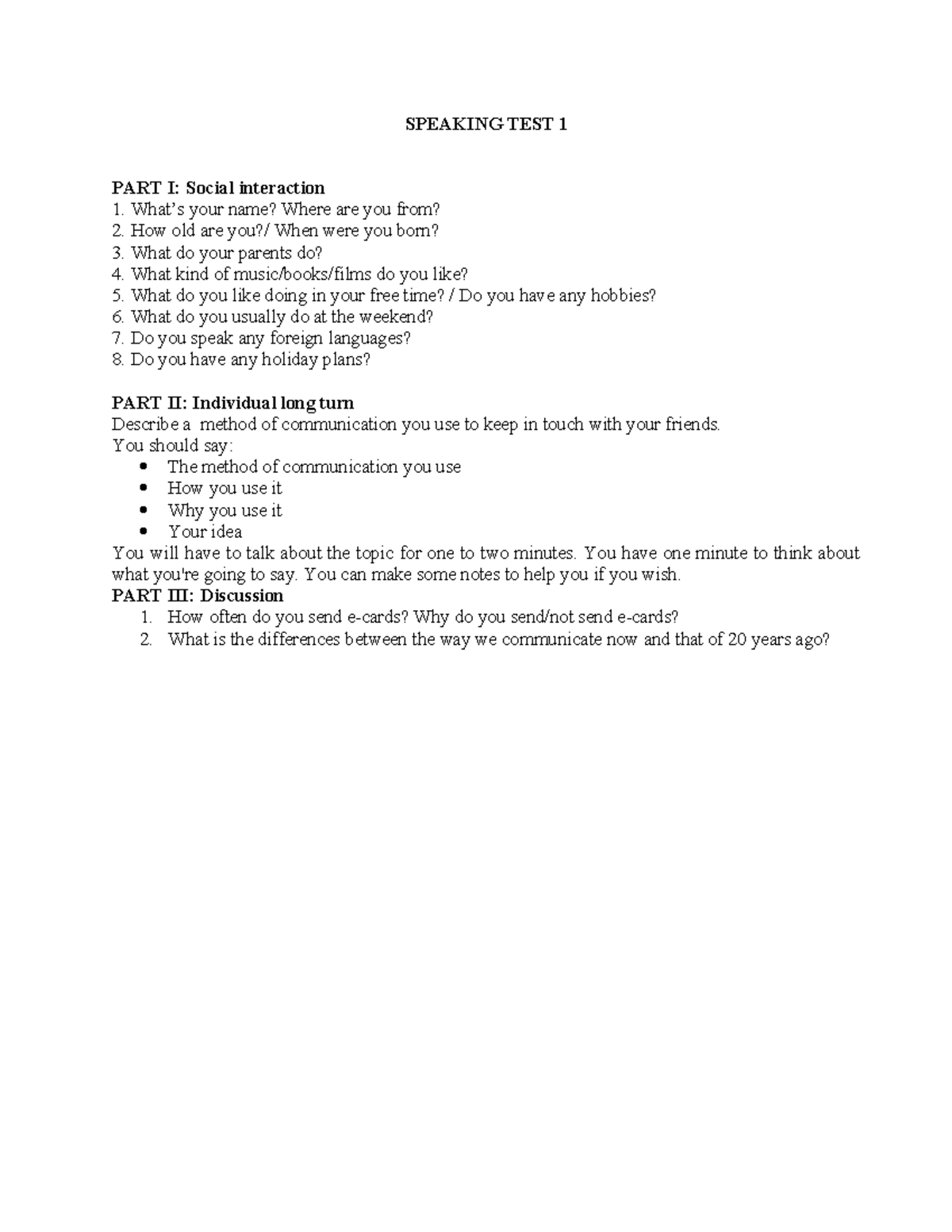 Speaking Test ANH 1: Social Interaction & Discussion Topics - Studocu