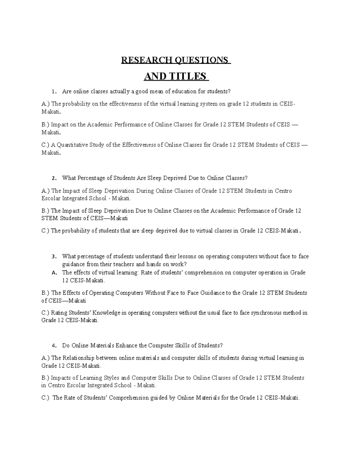 PR2 Research Questionand Title - RESEARCH QUESTIONS AND TITLES Are ...