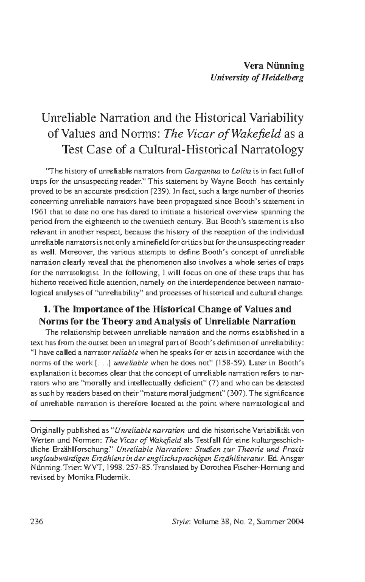 Nünning - 2004 - Unreliable Narration: Historical Variability in The ...