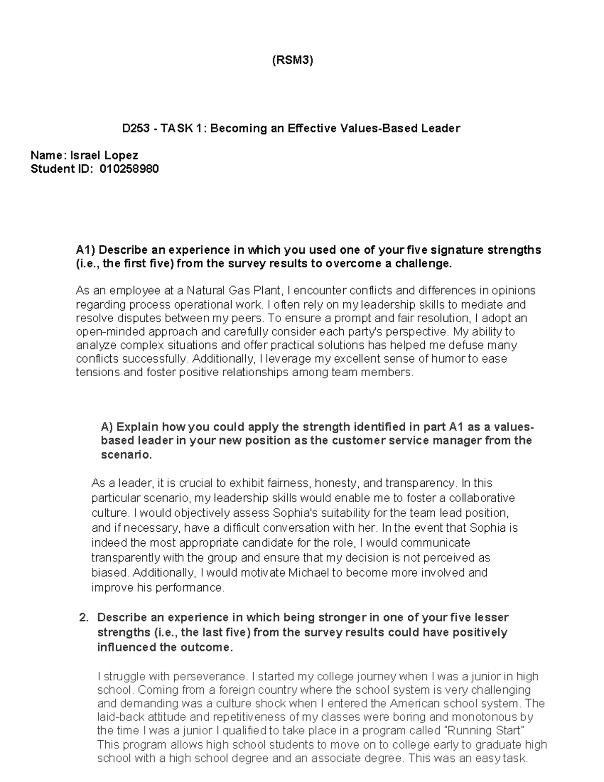D253 Task 1: Values-Based Leadership Development Reflection - Studocu