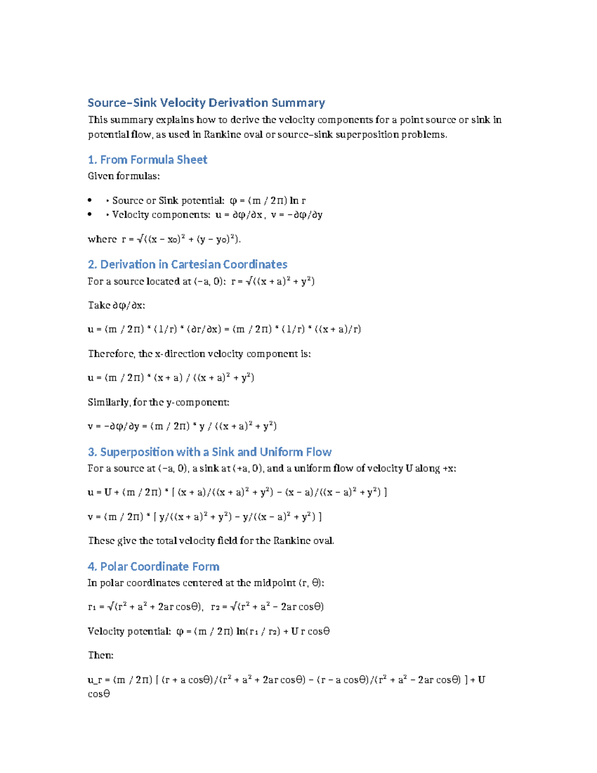Source Sink Velocity Derivation Summary for Potential Flow - Studocu