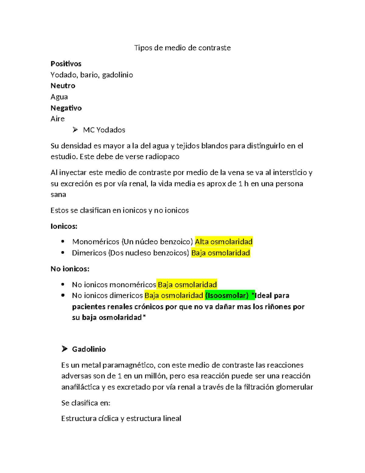 Tipos de Medios de Contraste: Yodados, Bario y Gadolinio - Studocu