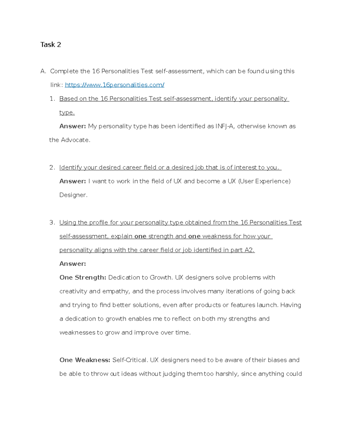 Task 2 D640 2: Exploring Career Paths through 16 Personalities ...