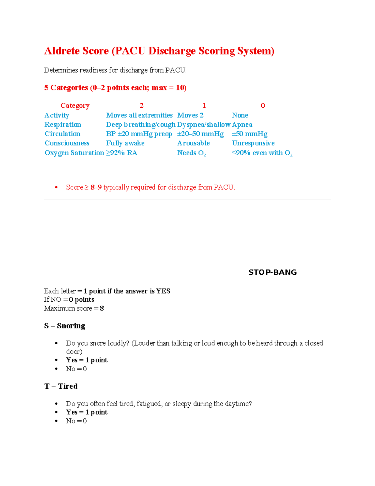 Aldrete Score (PACU Discharge) Assessment & Scoring Guide - Studocu
