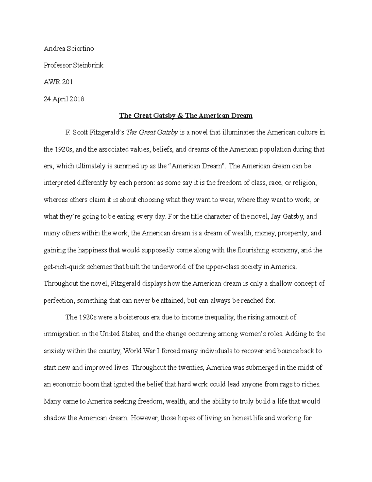 AWR 201 Research Paper: The Great Gatsby & The Illusion of the American ...