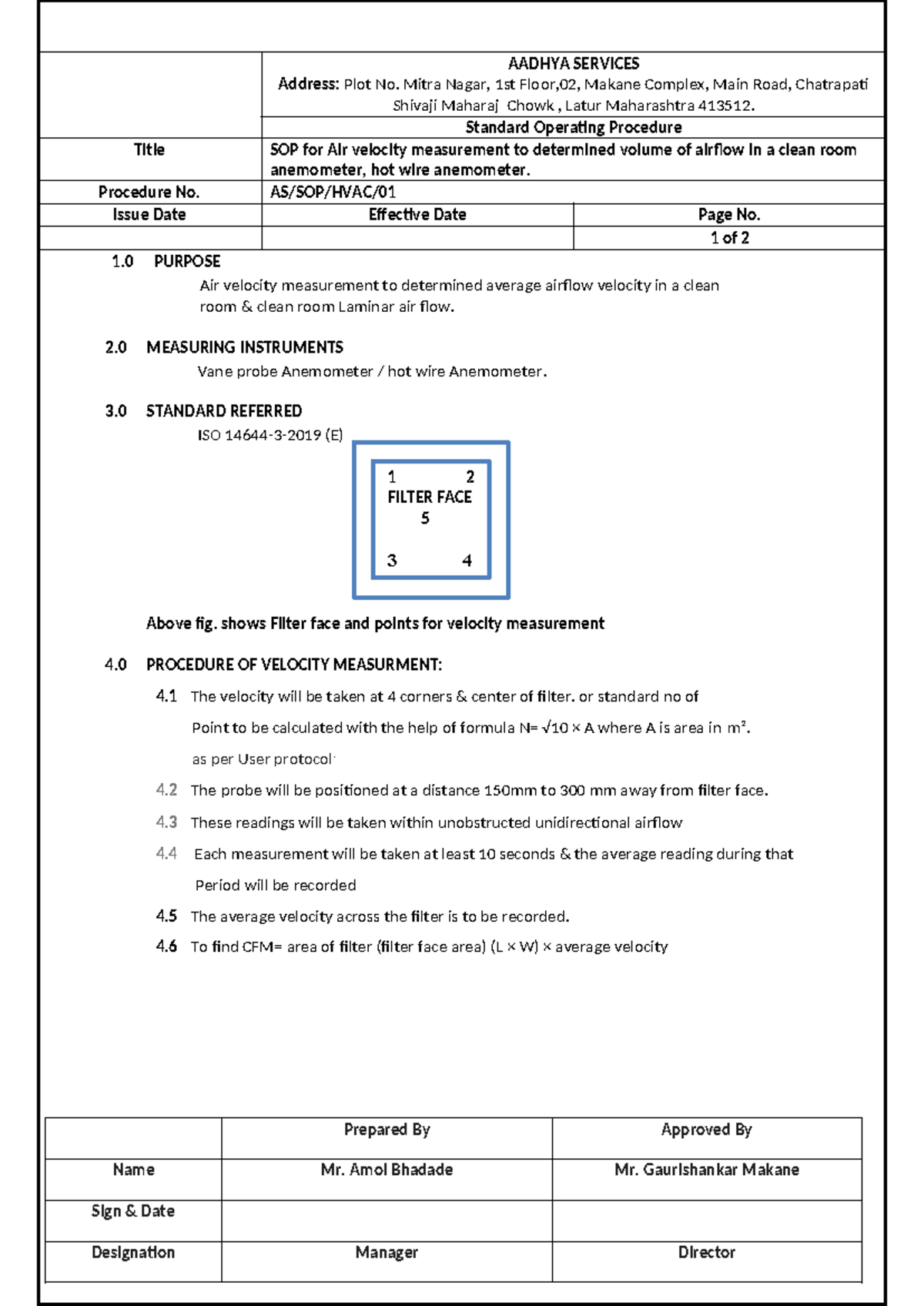 SOP AS/SOP/HVAC: Air Flow Measurement Using Anemometer Techniques - Studocu