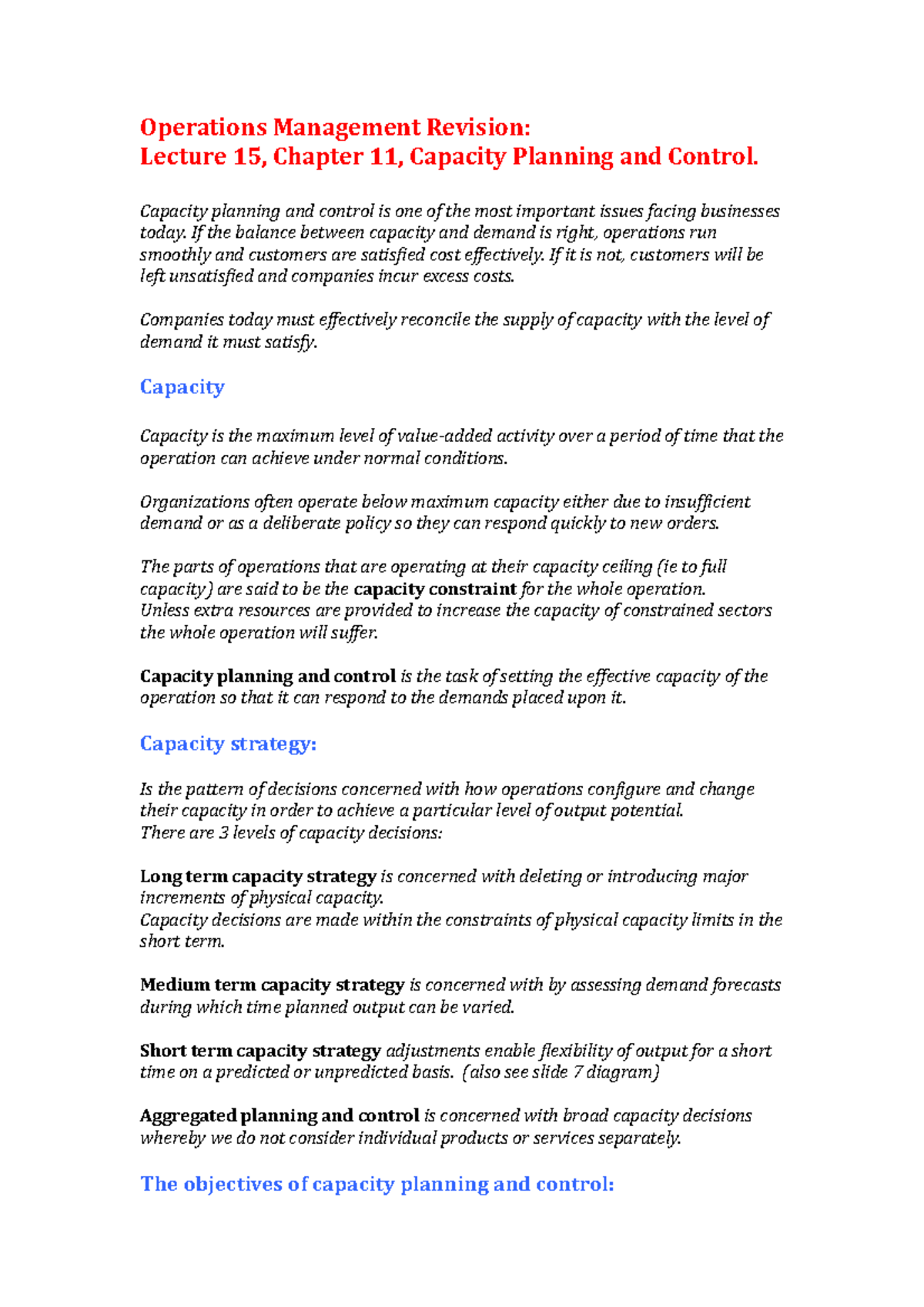 Lecture 15, Chapter 11, Capacity Planning and Control. - Operations ...