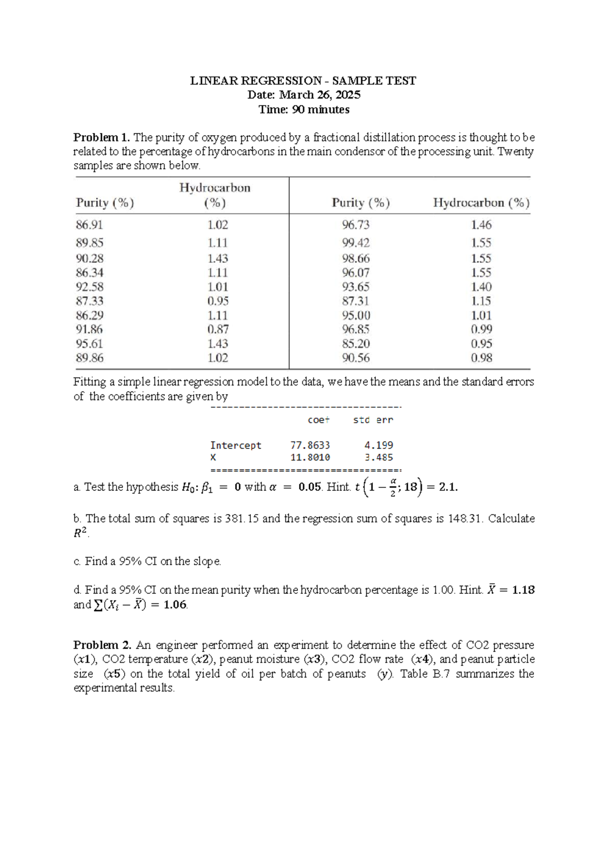 LINEAR REGRESSION SAMPLE TEST (MATH 101) - March 2025 - Studocu