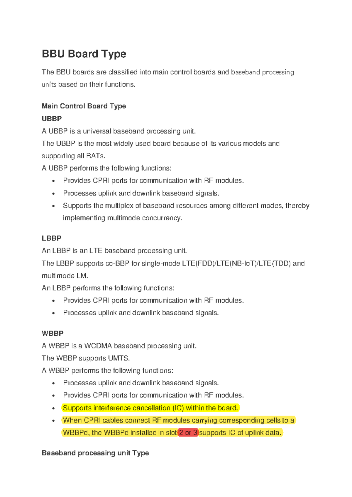 BBU Board Types and Models Overview for UBBP, LBBP, and WBBP - Studocu