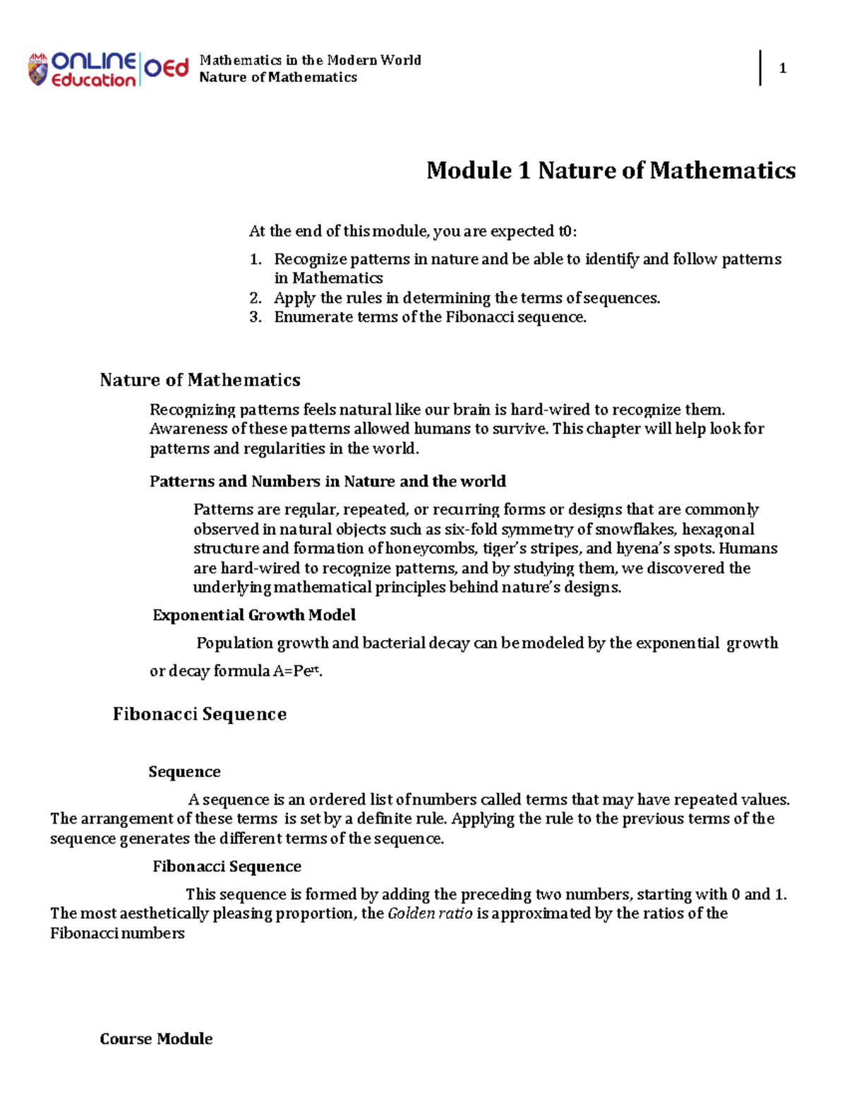 Module 1 - Mathematics in the Modern World Nature of Mathematics 1 Course Module Module 1 Nature ...