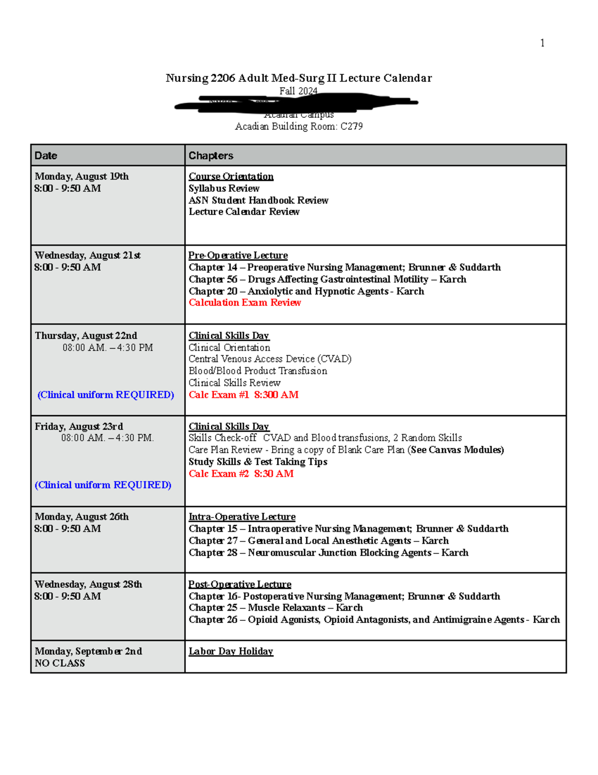 Adult 2 calander - Lecture calendar - Nursing 2206 Adult Med-Surg II ...
