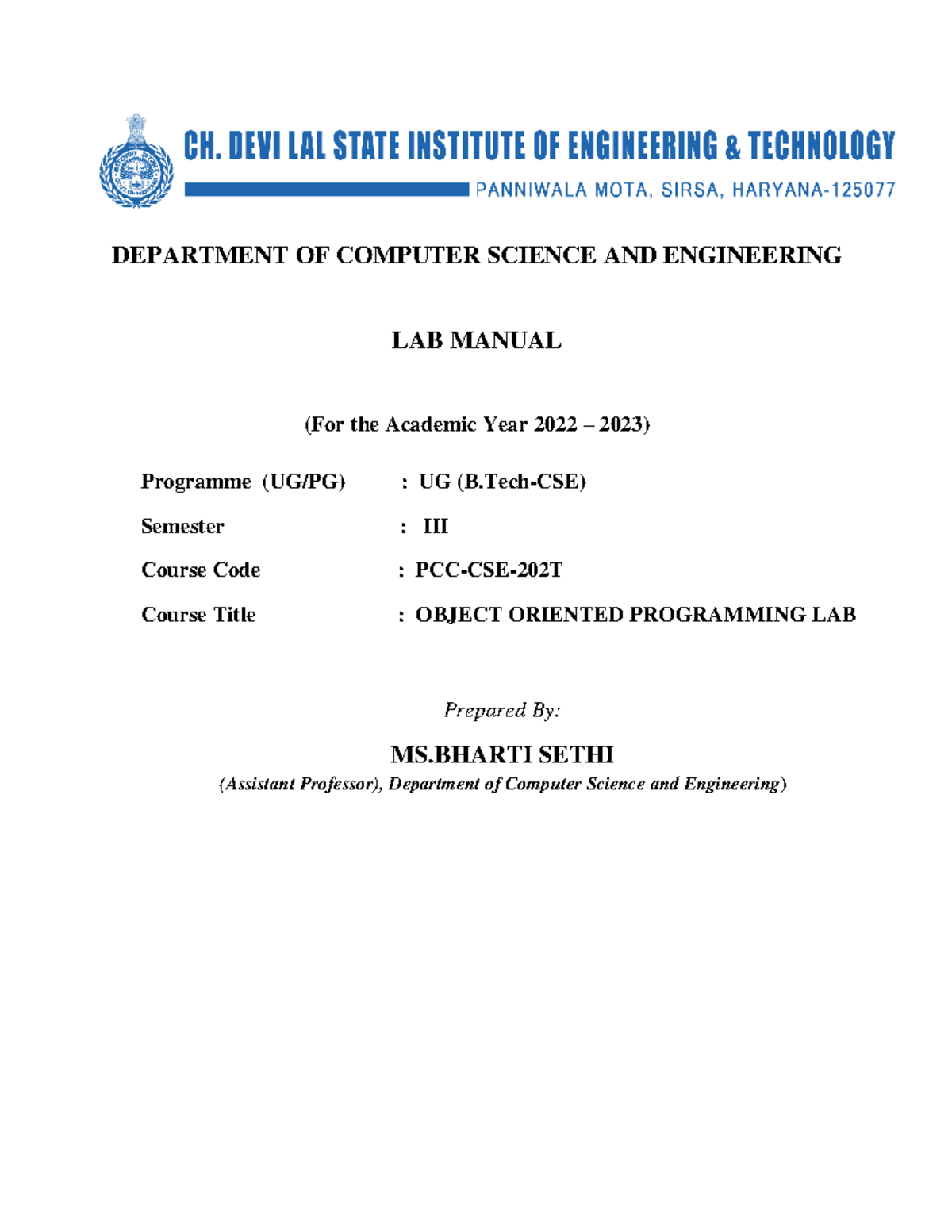 CSE PCC-CSE-202T Object Oriented Programming Lab Manual 2022-23 - Studocu
