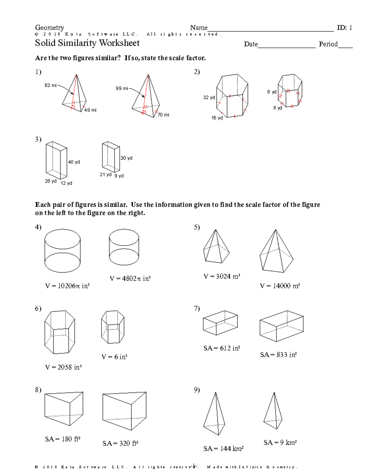 Solid Similarity Worksheet (Geometry ID: 1 R2K0N1g8b) - Studocu