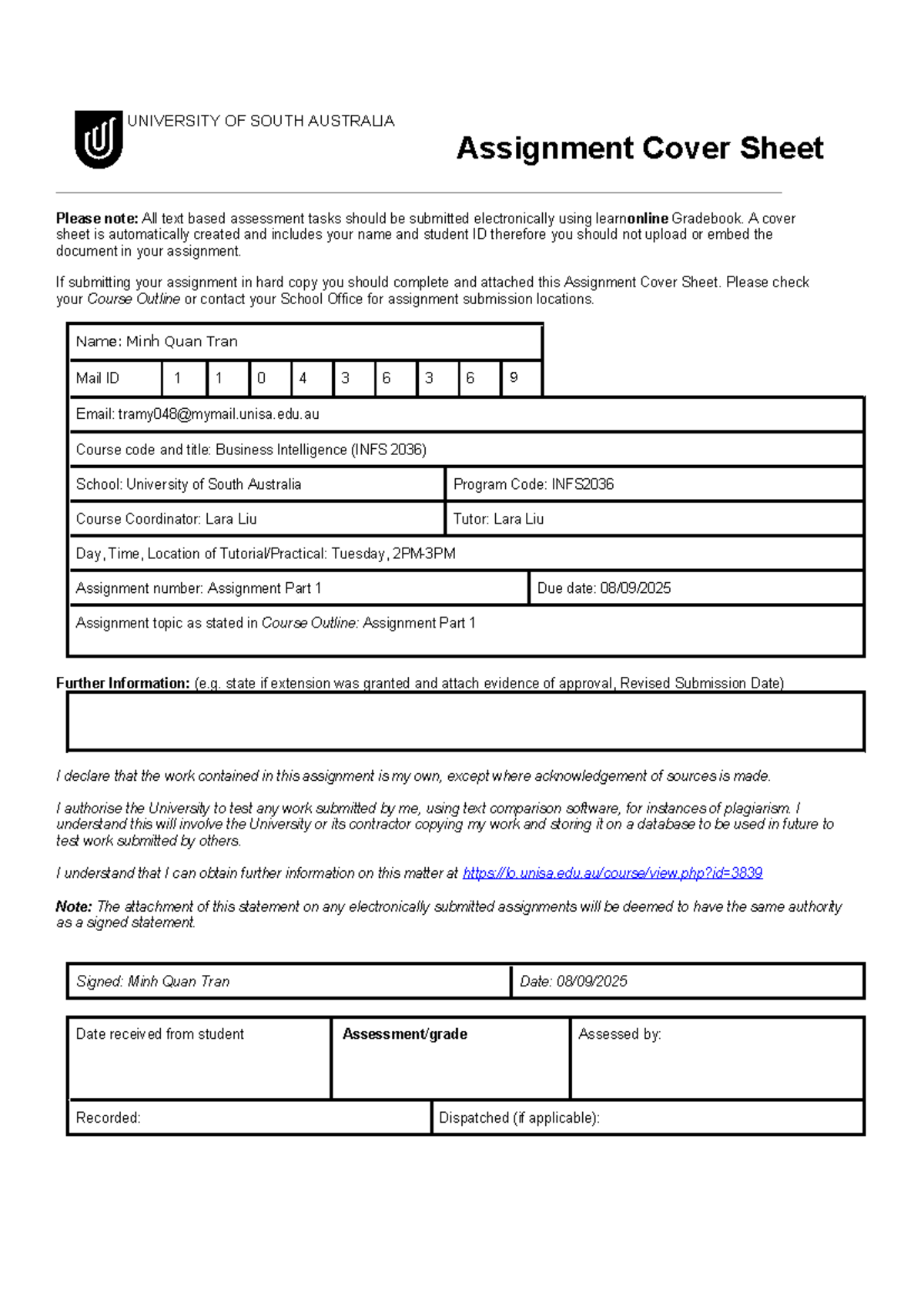 INFS 2036 Assignment Cover Sheet for Business Intelligence Task - Studocu