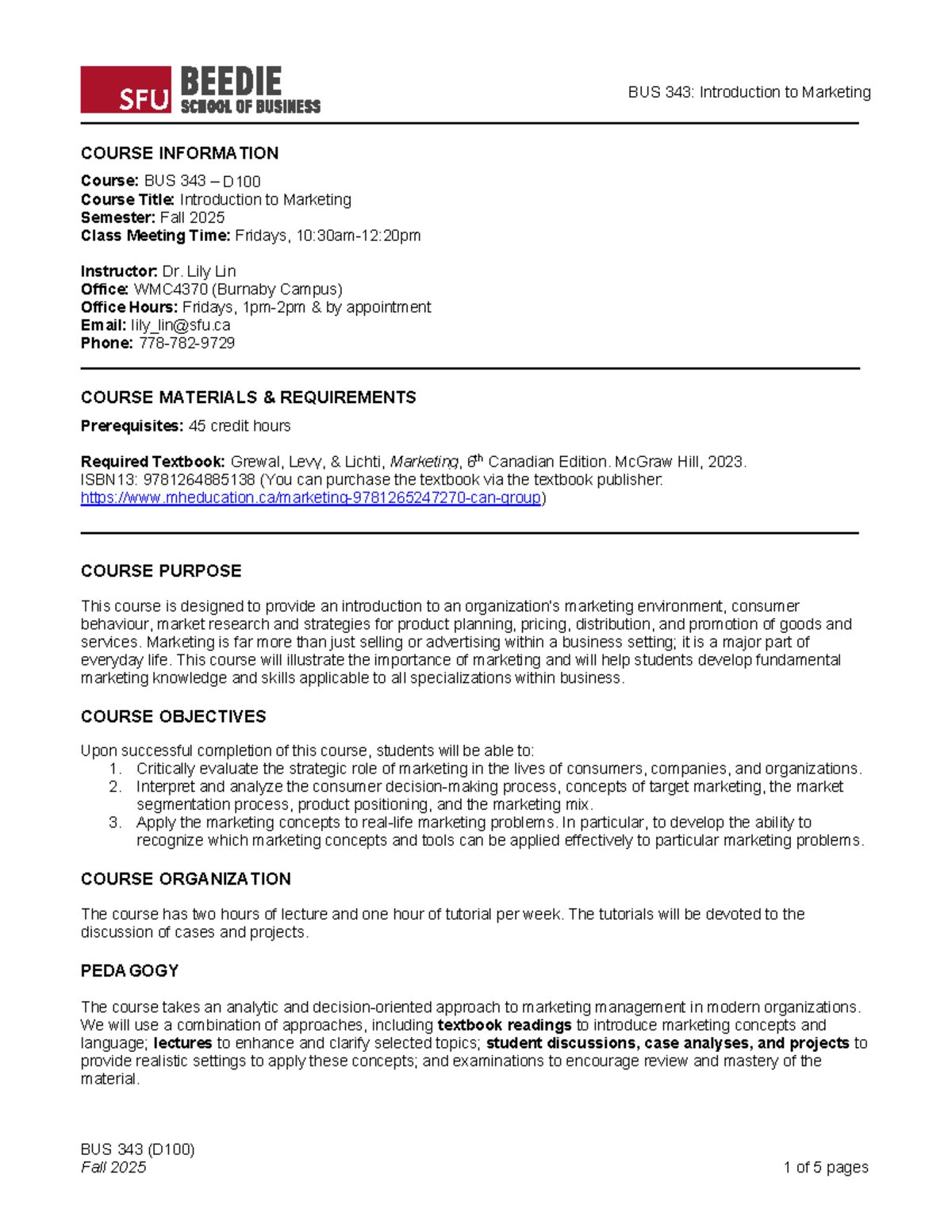 BUS 343 (D100) Syllabus: Introduction to Marketing - Fall 2025 - Studocu