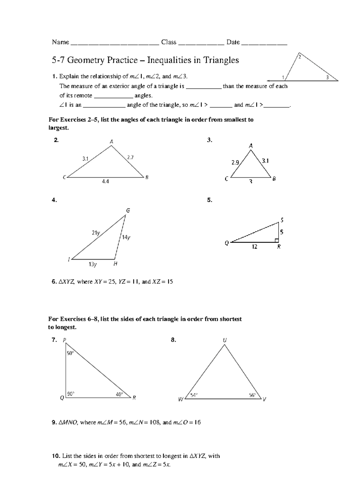 Geometry 5-7 Practice: Inequalities in Triangles Exercises - Studocu
