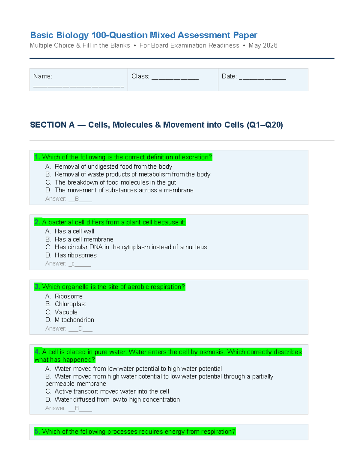 Biology 101: Basic Mixed Assessment MCQs & Fill-in-the-Blanks - Studocu