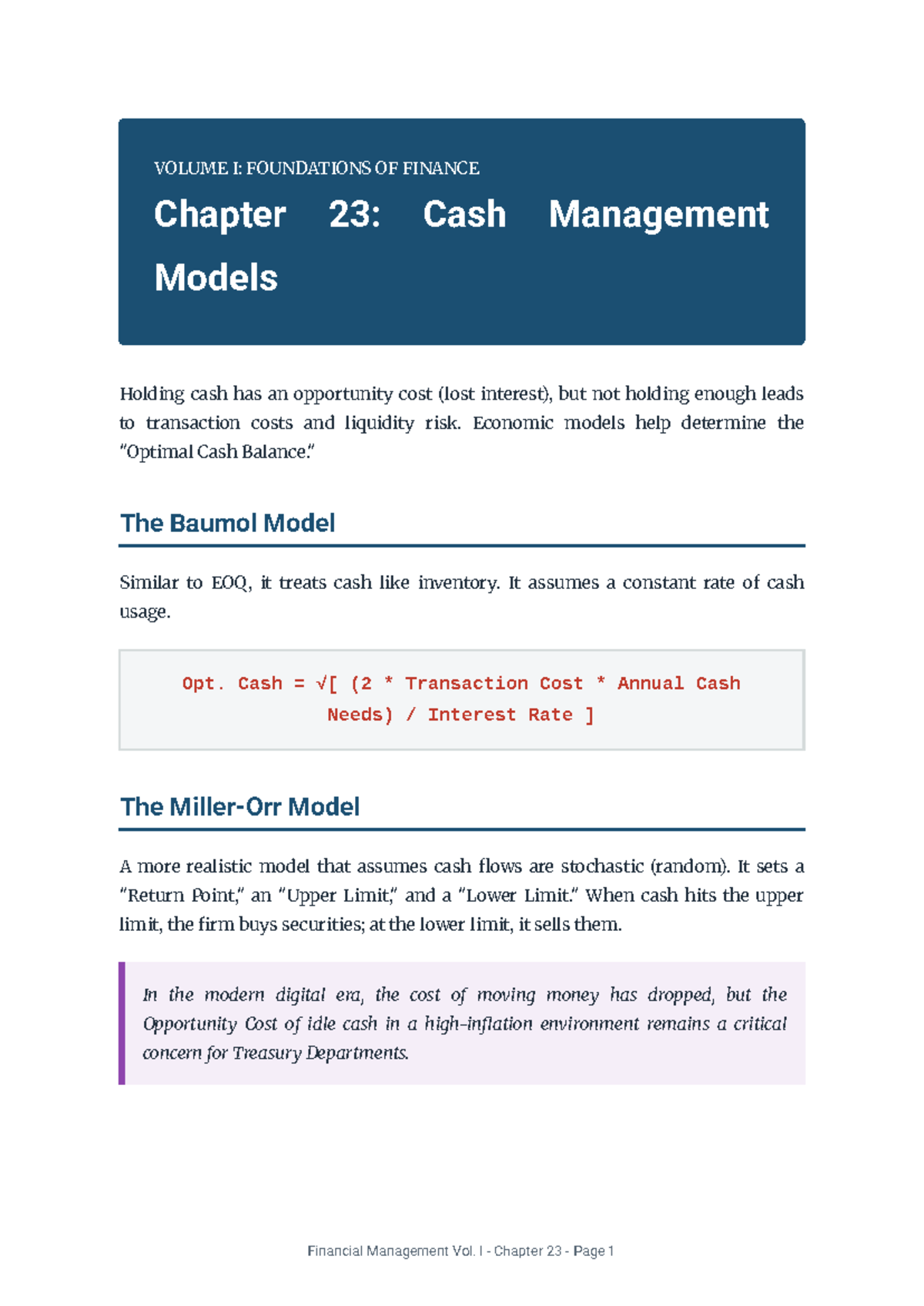 Financial Management (FIN 101) Chapter 23: Cash Management Models - Studocu