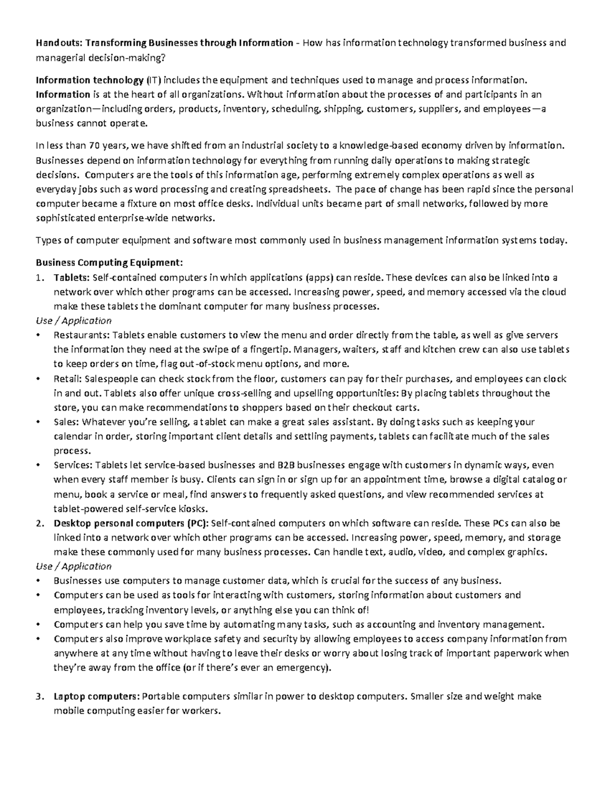 IT in Business World - Handouts: Transforming Businesses through ...