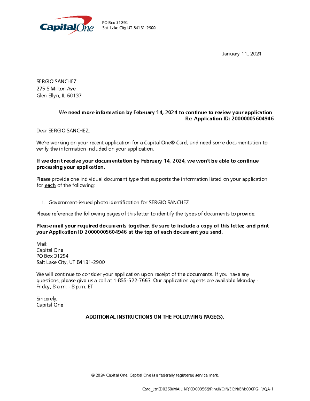 Application Documentation Request: Capital One® Card ID 20000005604946 ...