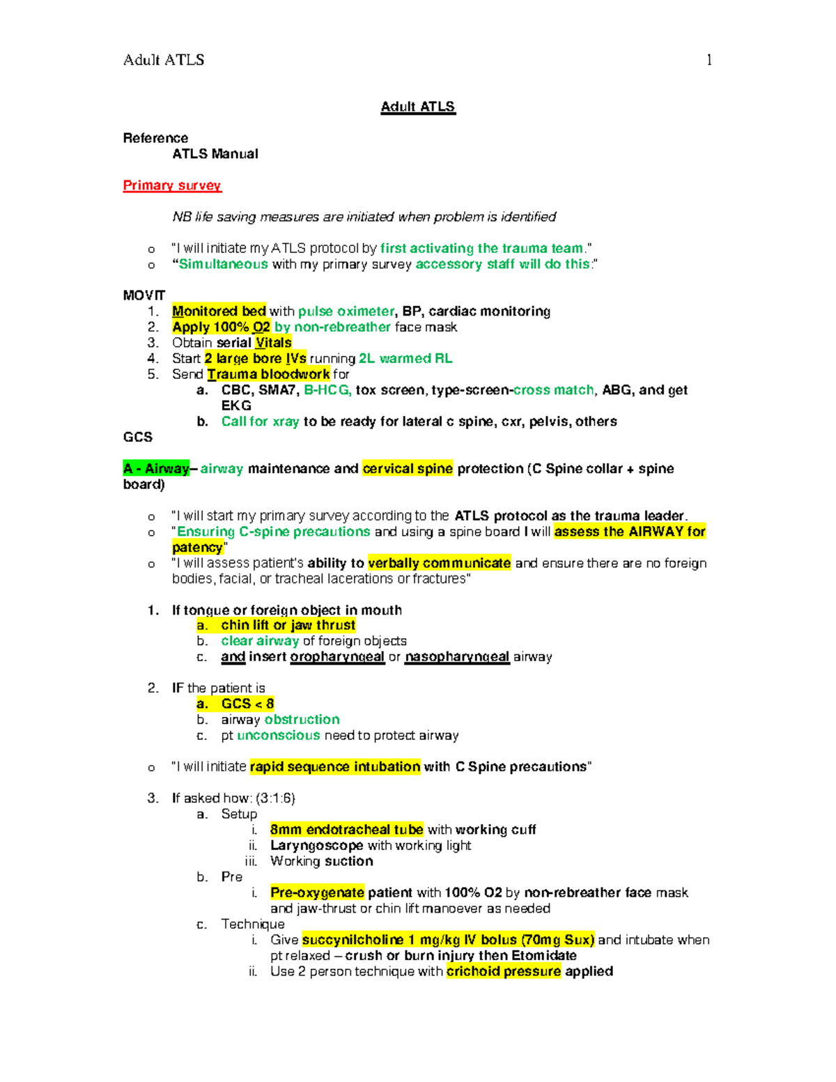 Adult ATLS 1: Comprehensive Trauma Protocol and Management Guide - Studocu