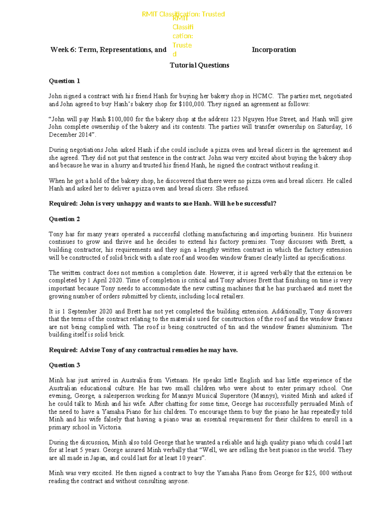 Week 6 Tutorial Questions-1: Contract Law Scenarios and Analysis - Studocu