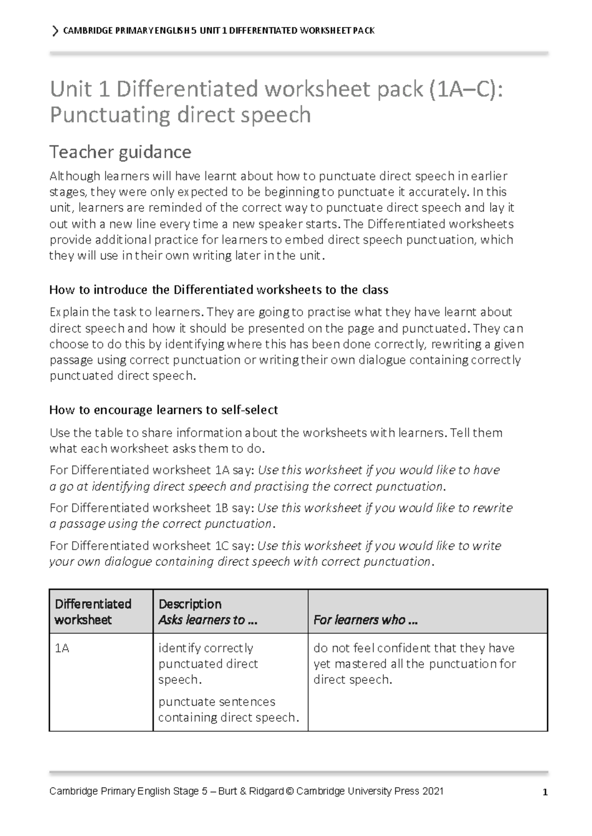 CAMBRIDGE PRIMARY ENGLISH 5 UNIT 1 DIFF. WORKSHEET PACK - Studocu