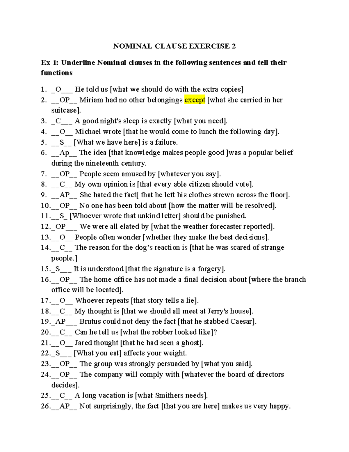 Nominal Clause Exercise 2: Identifying Functions and Structures - Studocu