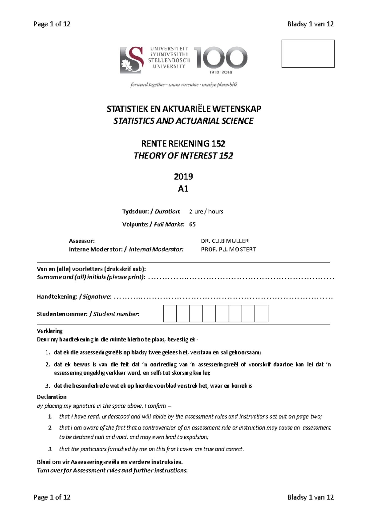 TOI152-2019-A1: Theory of Interest Exam Instructions and Questions ...