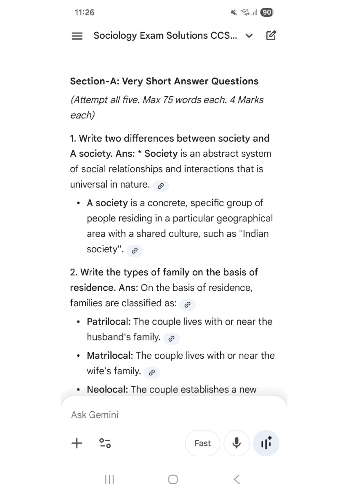2020 Sociology Exam Solutions CCS: Very Short & Short Answer Questions ...